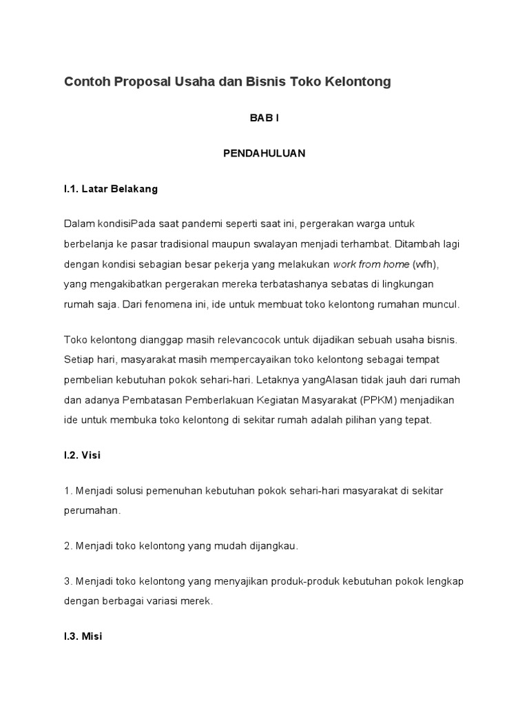 Contoh Proposal Usaha Dan Bisnis Toko Kelontong | PDF