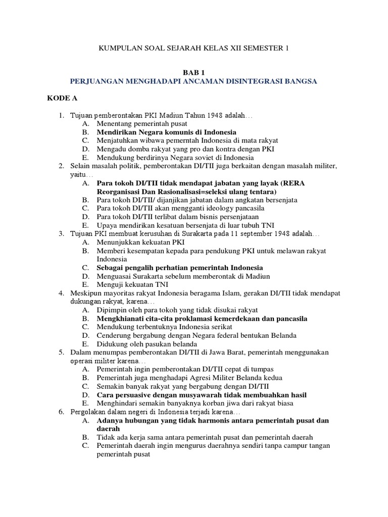 Kumpulan Soal Sejarah Kelas Xii Semester 1 | PDF