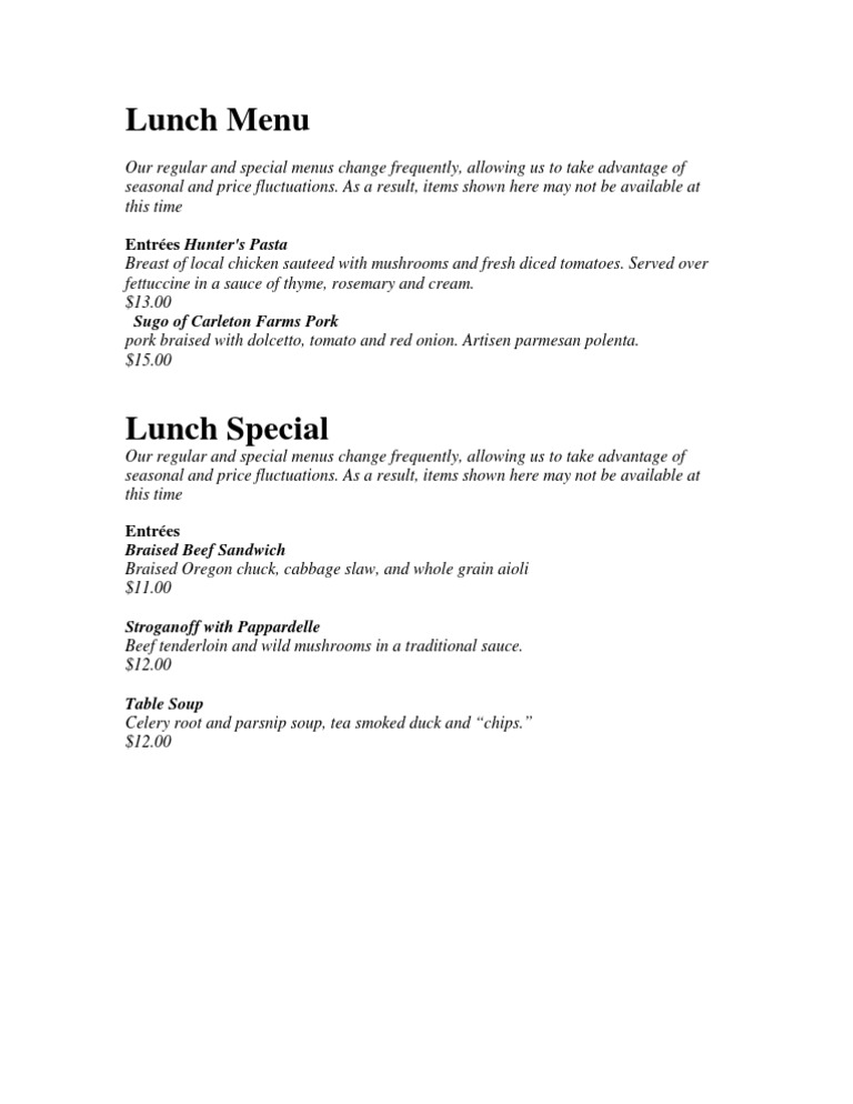 Seasonal Lunch Menu Highlights | PDF
