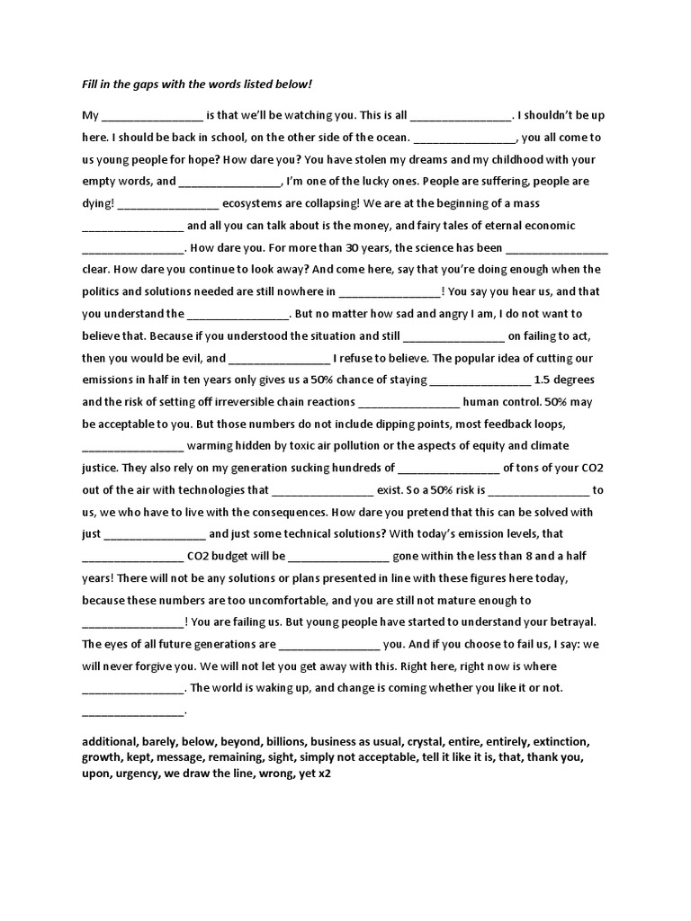 Greta Thunberg Gap-Fill | PDF | Natural Environment