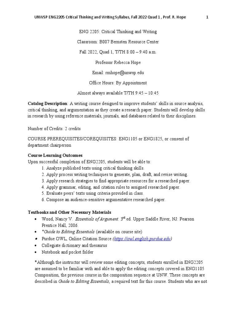 ENG2205 Critical Thinking Syllabus | PDF | Plagiarism | Academic Publishing