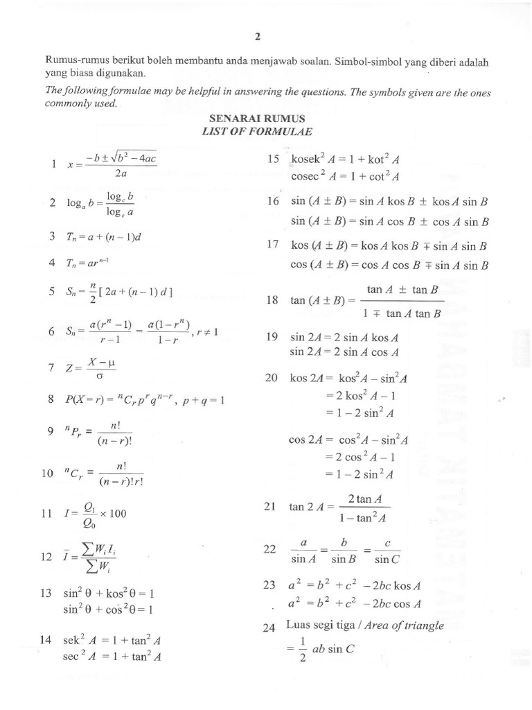 Senarai Rumus Matematik Tambahan | PDF