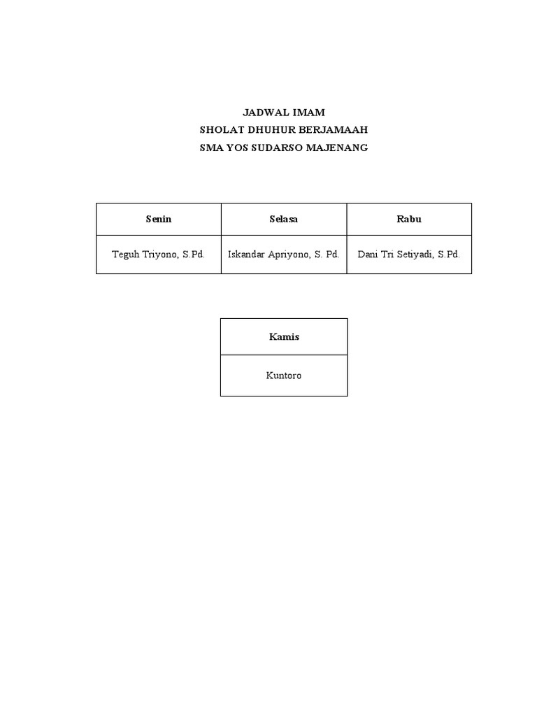 Jadwal Imam Sholat Dzuhur Berjamaah | PDF