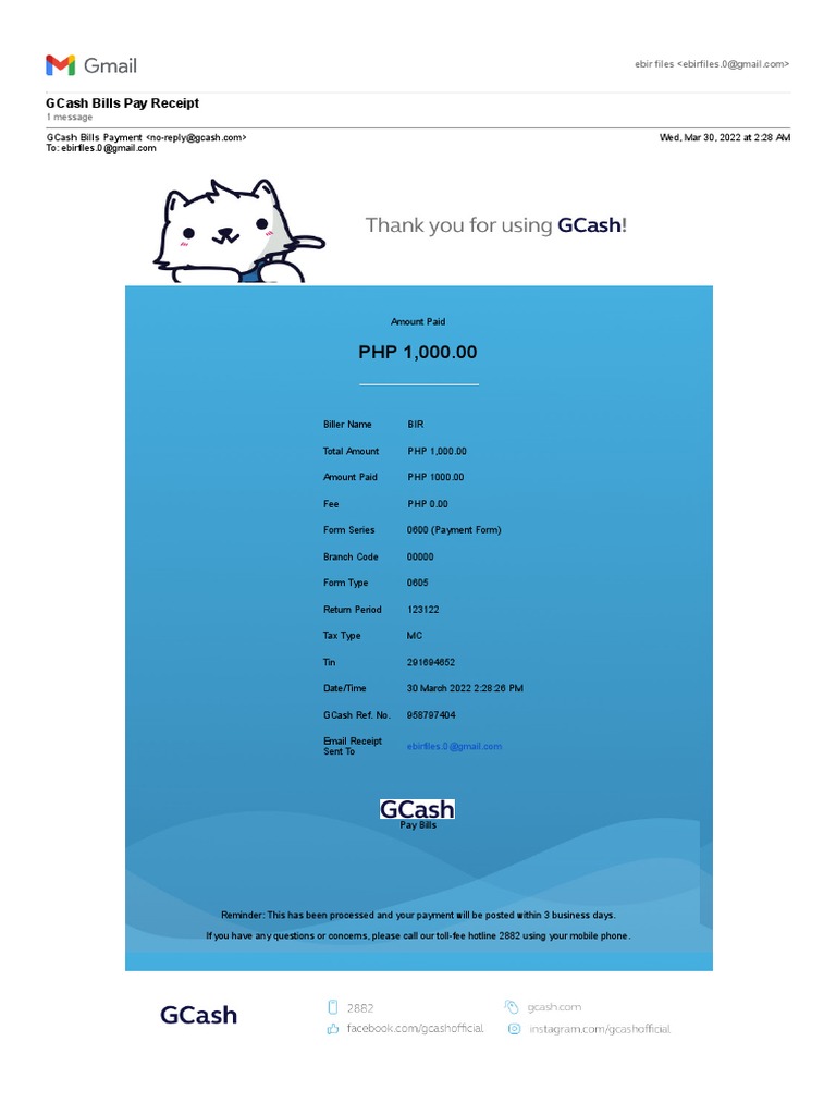 GCash Bills Payment Receipt Sample | PDF | Taxation | Payments