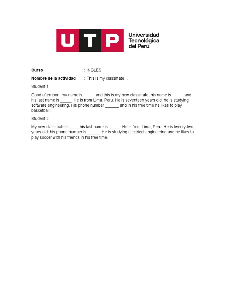 Ac S04 Week 4 Task Assignment This Is My Classmate Pdf Language Arts And Discipline