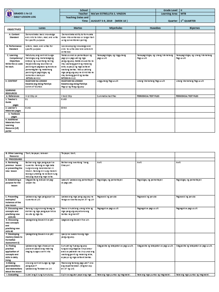 MTB 2 Q1 Week 10 DLL | PDF