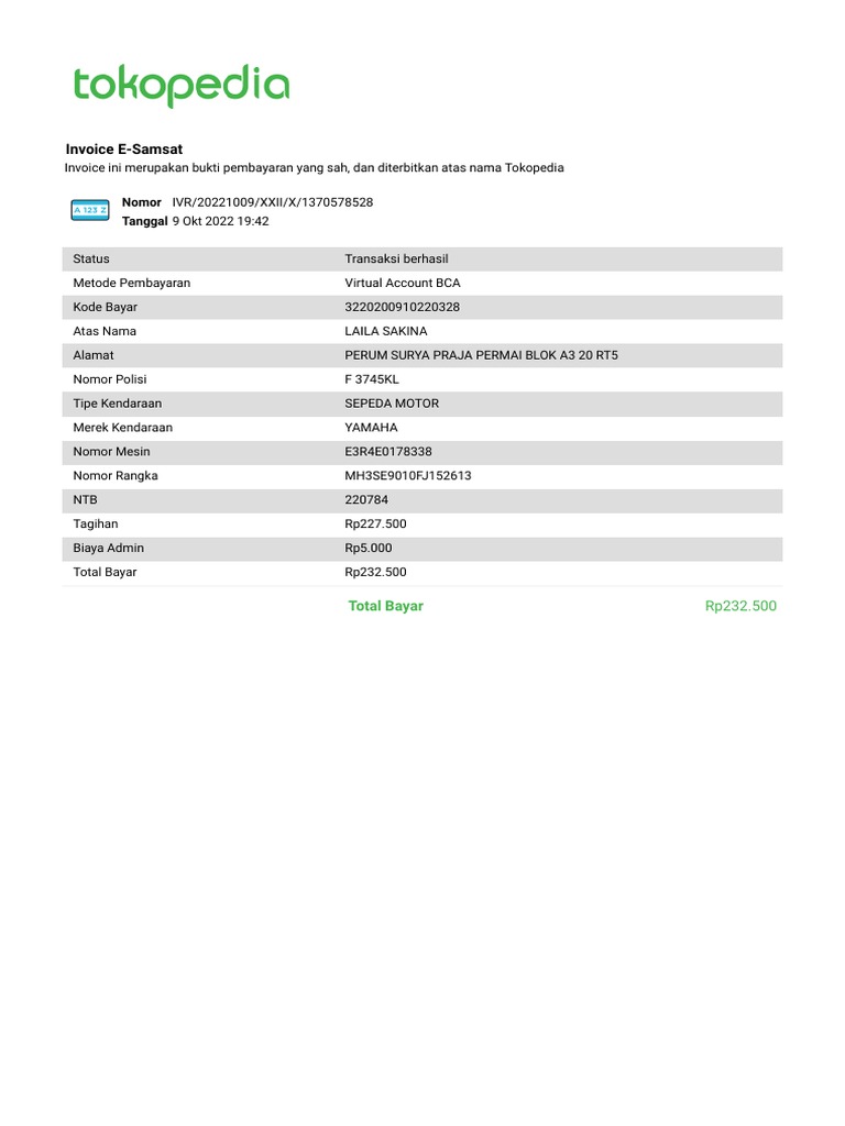 Invoice Samsat Yamaha | PDF