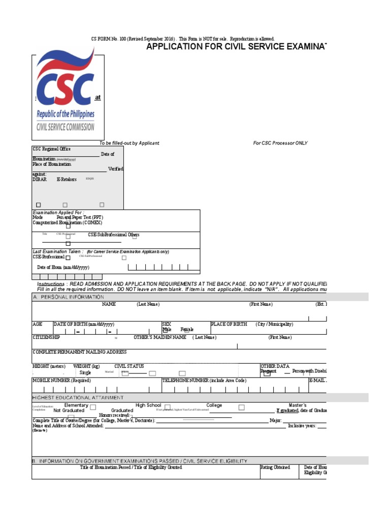 CS Form 100 Revised September 2016 | PDF | Identity Document