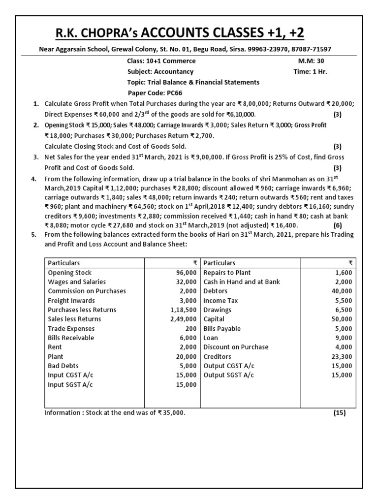 Rk Chopra Accounting Classes Trial Balance Financial Statements Pdf
