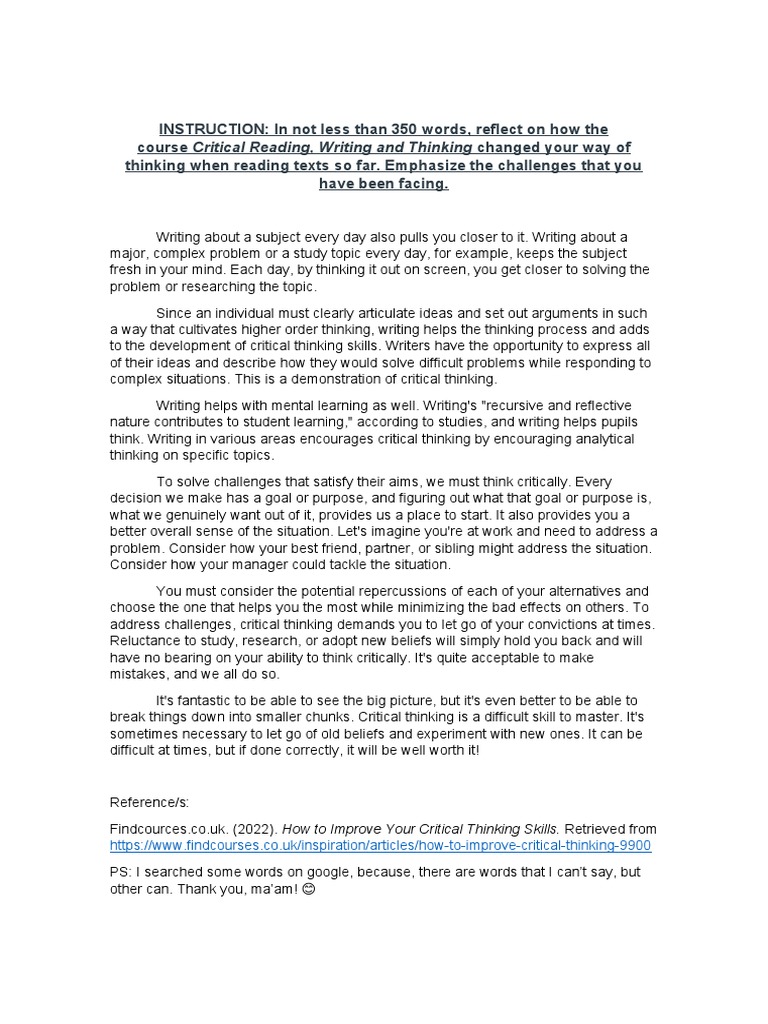 The Development of Critical Thinking Through Writing: Reflecting on How ...