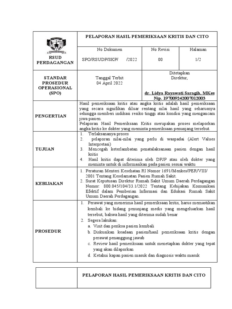 4 SPO Pelaporan Hasil Kritis Dan Cito | PDF | Pengembangan Diri
