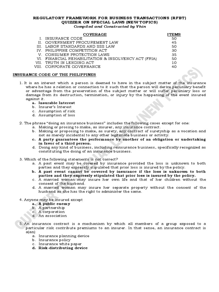 Revised RFBT Quizzer On Special Laws New Topics | PDF | Insurance ...