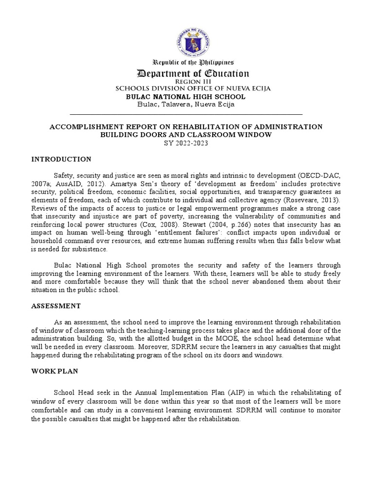 Accomplishment Report (Rehabilitation of Office Doors and Classroom ...