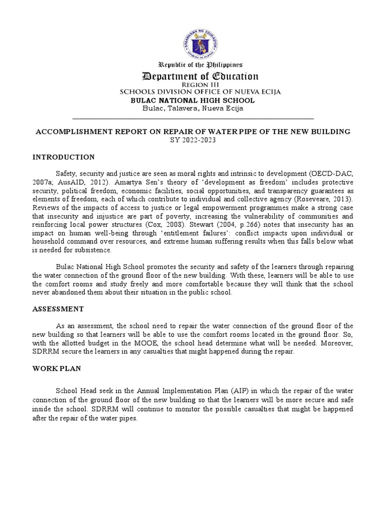 Accomplishment Report (Repair of Water Pipe) | PDF | Applied Ethics ...