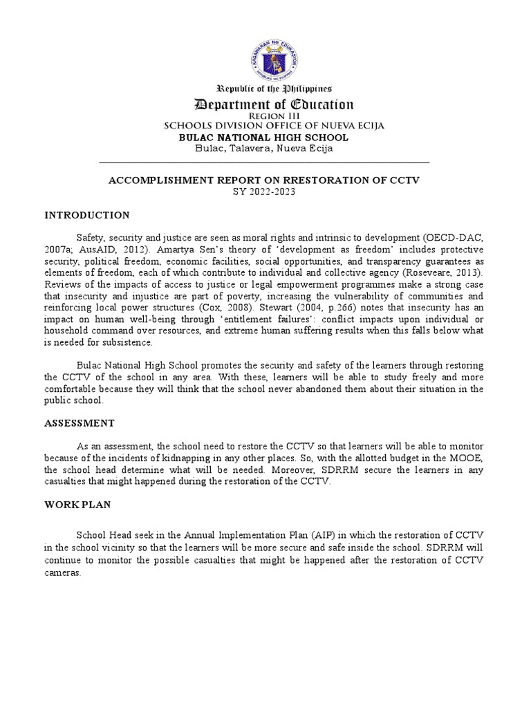 Accomplishment Report (Restoration of CCTV) | PDF | Closed Circuit ...