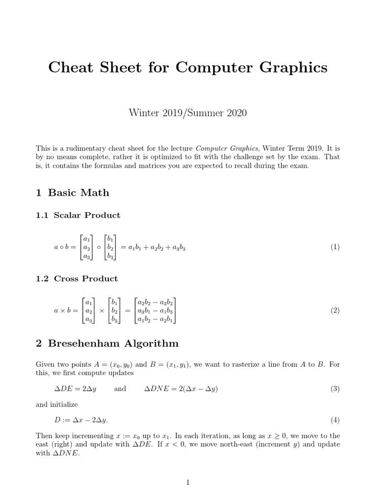 CG Cheat Sheet 2020 | PDF | Cartesian Coordinate System | Sphere