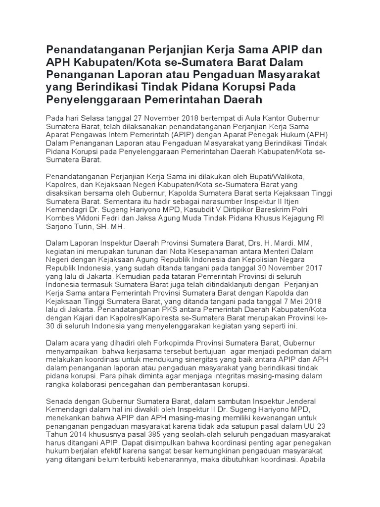 Penandatanganan Perjanjian Kerja Sama APIP dan APH KabupatenKota se-Sumatera Barat Dalam ...