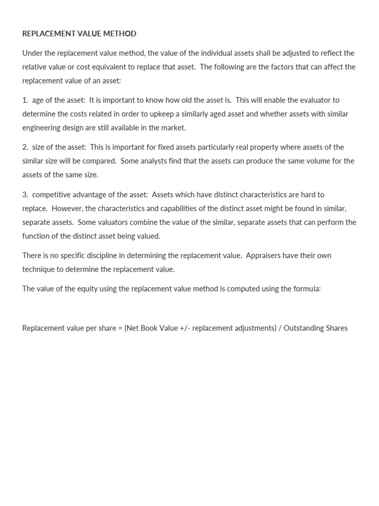 REPLACEMENT VALUE METHOD - Lascano | PDF | Book Value | Balance Sheet
