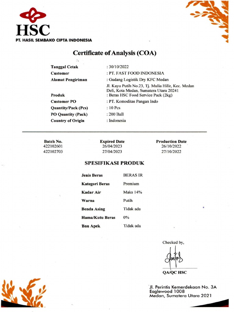 Certificate of Analysis (COA) 30 Oktober 2022 | PDF