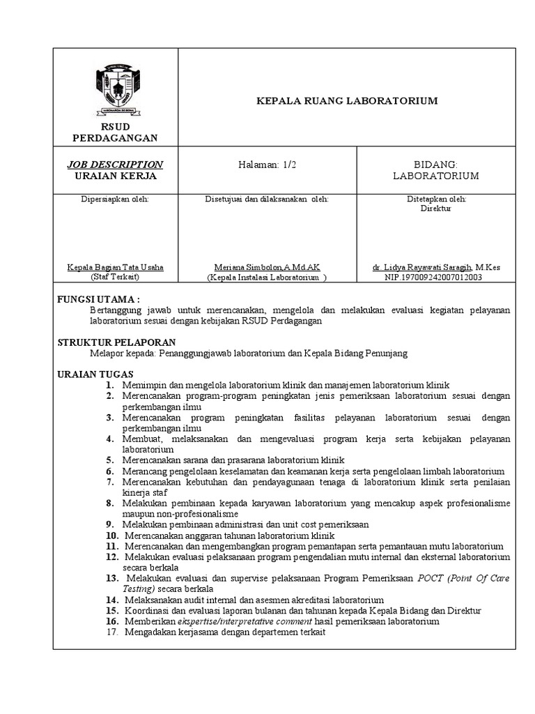 Uraian Tugas Kepala Ruang Laboratorium | PDF