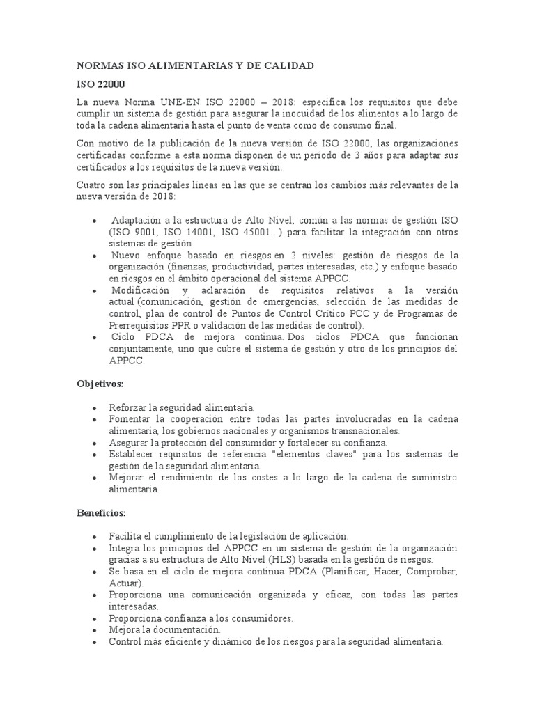 Normas Iso Alimentarias y de Calidad | PDF | Análisis de Riesgo y Puntos Críticos de Control ...