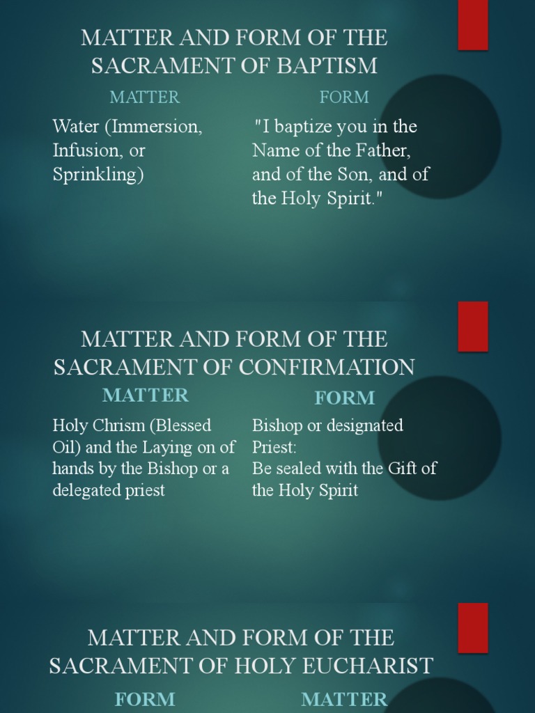 Matter and Form of The 7 Sacraments | PDF | Eucharist | Confession (Religion)