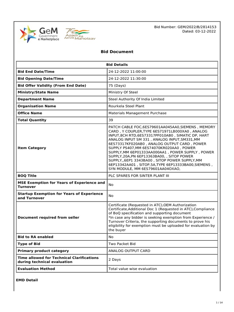 GeM Bidding 4085830 | PDF | Specification (Technical Standard) | Procurement