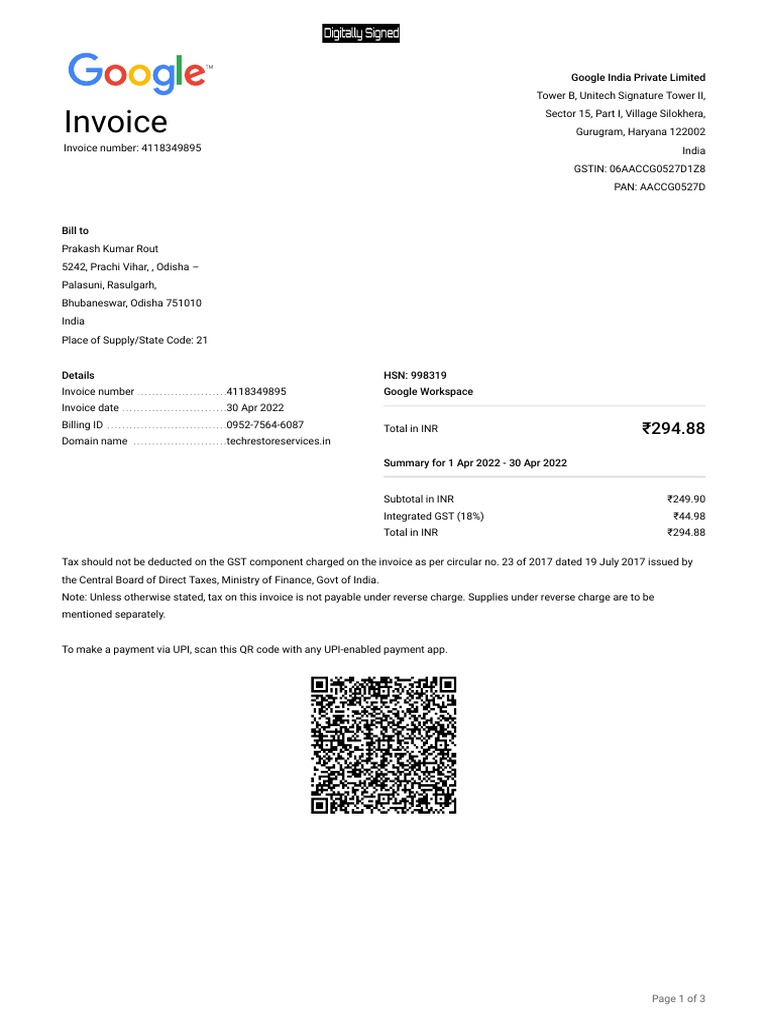 Google India Invoice for Workspace Subscription | PDF | Invoice | Economies