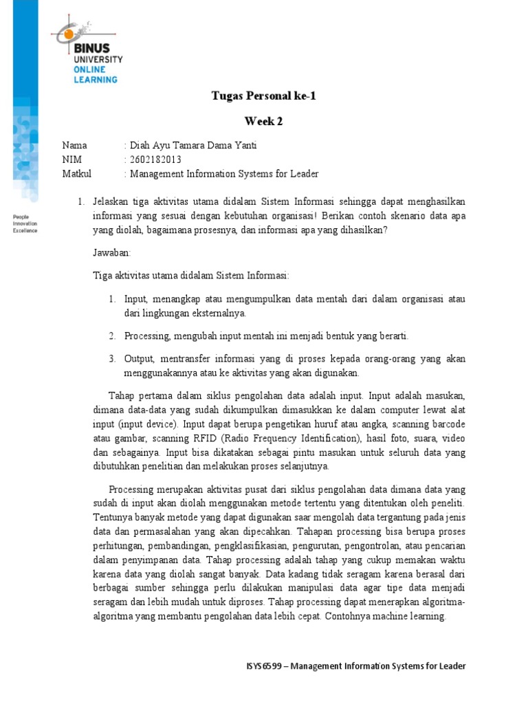 Tugas Personal 1 - MIS For Leader (Diah Ayu Tamara - 2602182013) | PDF