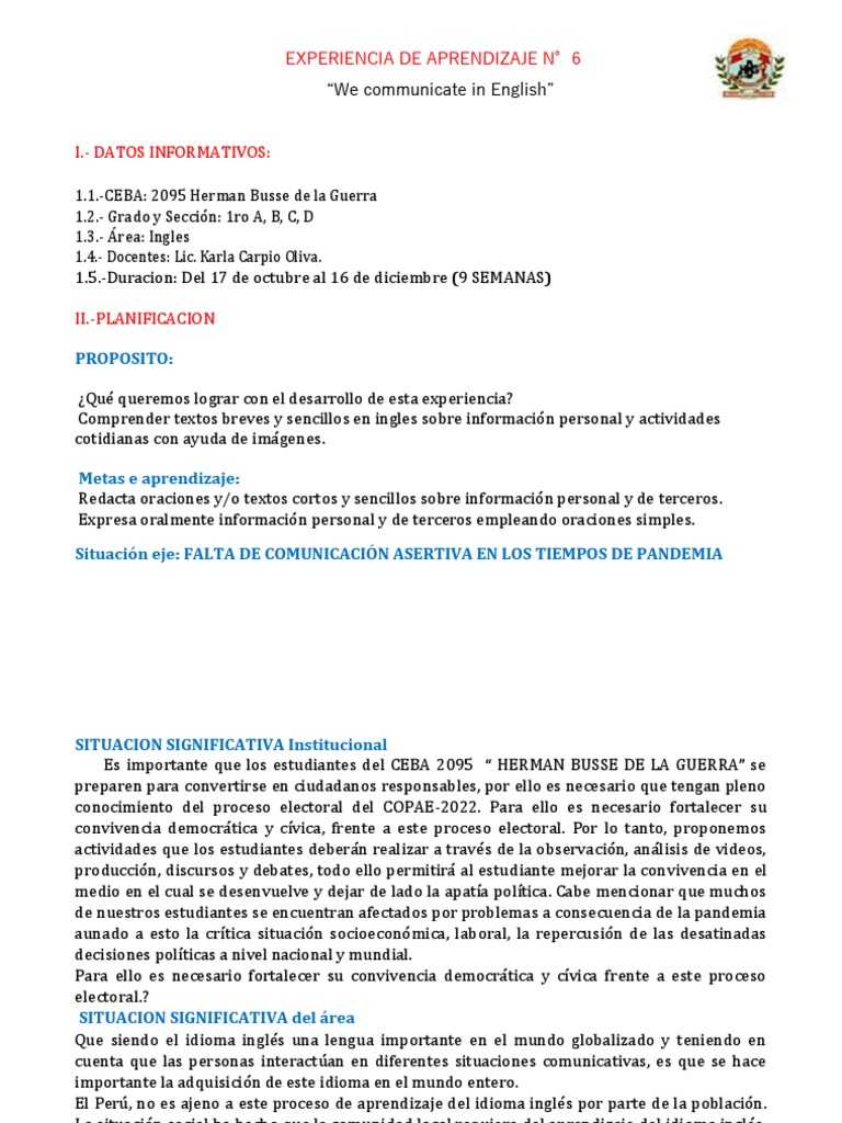 EXPERIENCIA DE APRENDIZAJE 6 Primer Grado | Descargar gratis PDF | Aquisición de idioma ...