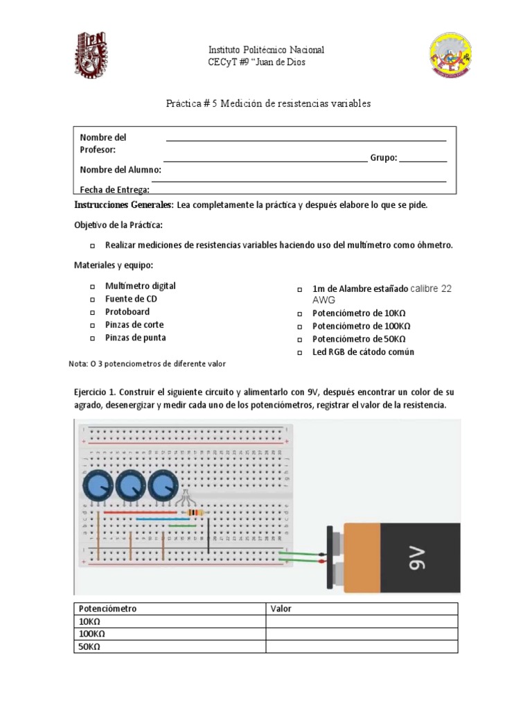 Práctica 5 RESISTENCIAS VARIABLES | PDF | Métodos y materiales de enseñanza | Tecnología