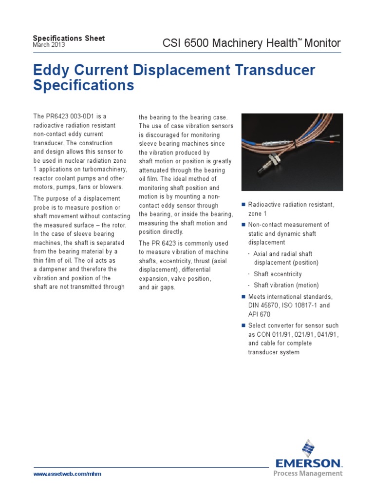 Specifications Sheet Eddy Current Displacement Transducer Specifications PR 6423 003 0d1 Asset ...