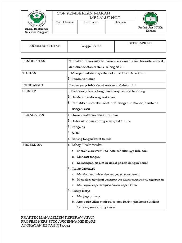 Dokumen - Tips - Sop Pemberian Makan Melalui Ngtdocx | PDF