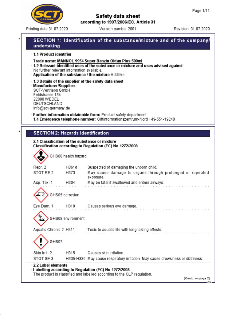Safety Data Sheet for MANNOL 9954 Super Benzin Oktan Plus 500ml ...