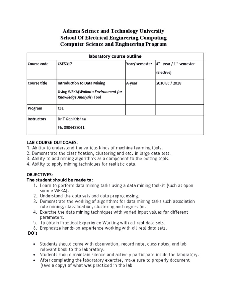 Data Mining Lab Outline Using WEKA | PDF | Statistical Classification | Cluster Analysis