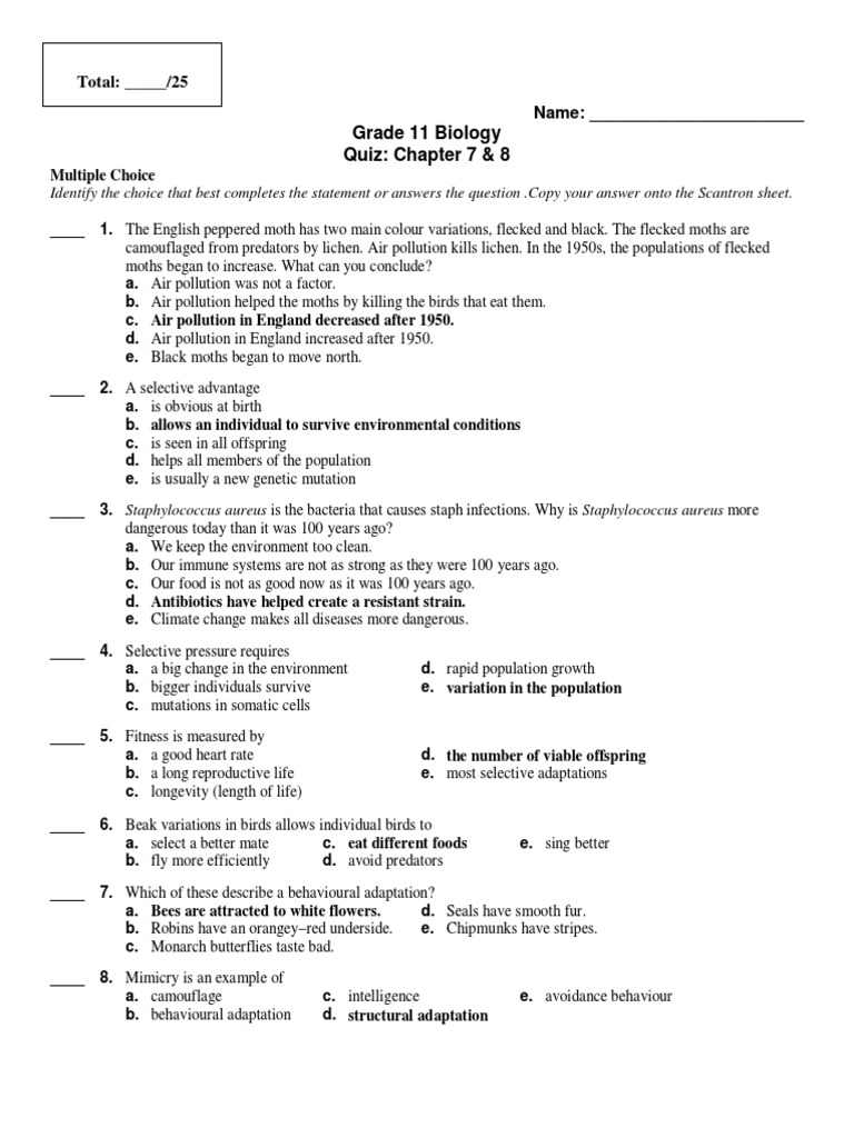 11 Bio ch7-8 Quiz Solution | PDF | Natural Selection | Adaptation
