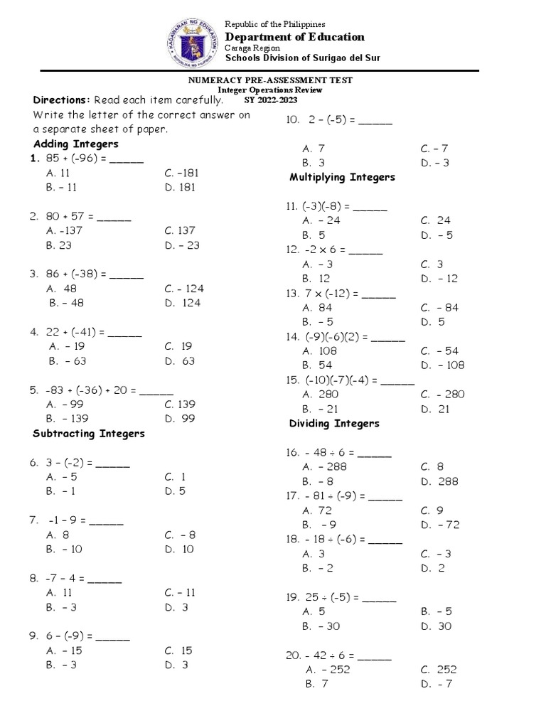 TQ Numeracy-Pre-Test INTEGERS | PDF | Arithmetic | Mathematics
