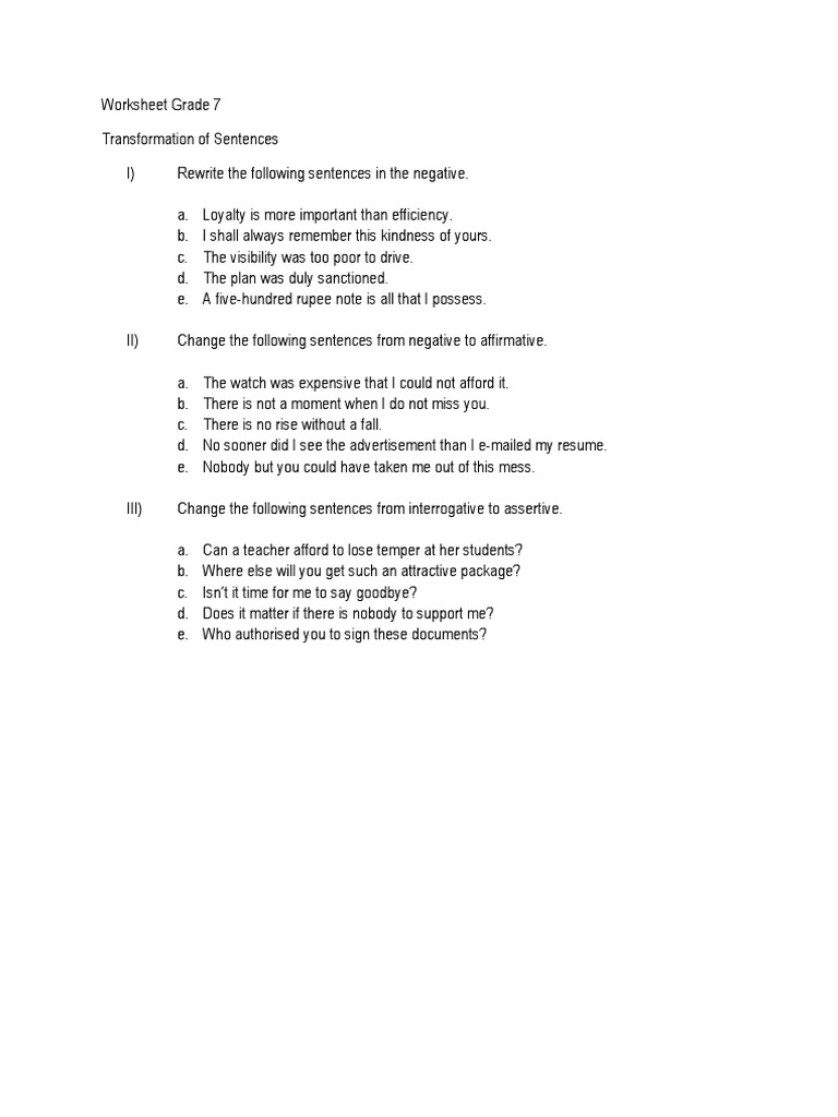 Grade 7 Sentence Transformation Worksheet | PDF