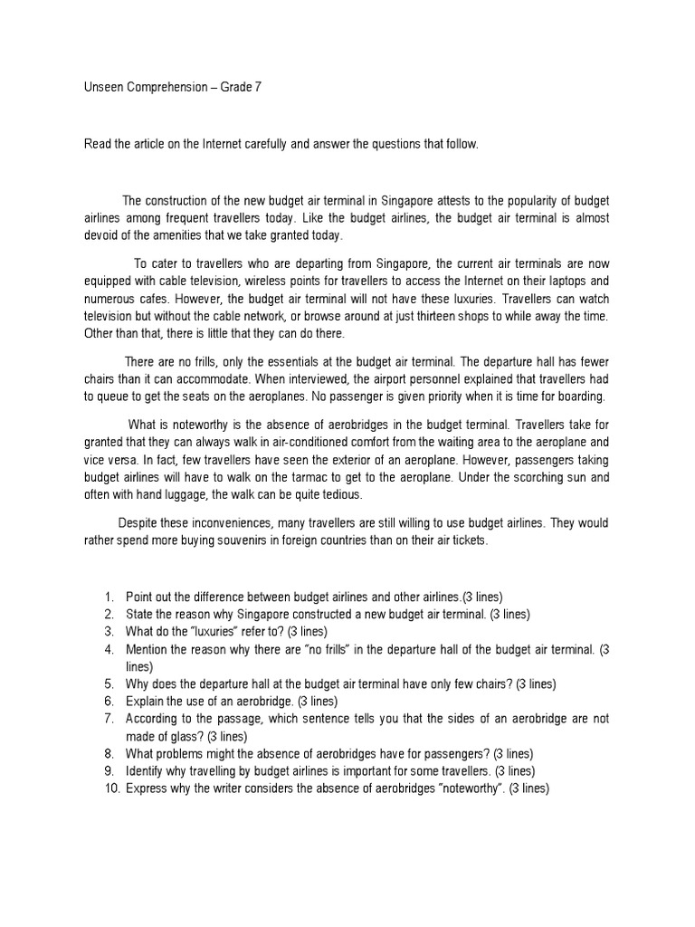 Unseen Comprehension Grade 7 | PDF | Low Cost Carrier | Transport