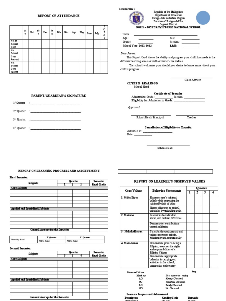 School Form 9 For SHS | PDF | Learning | Behavior Modification