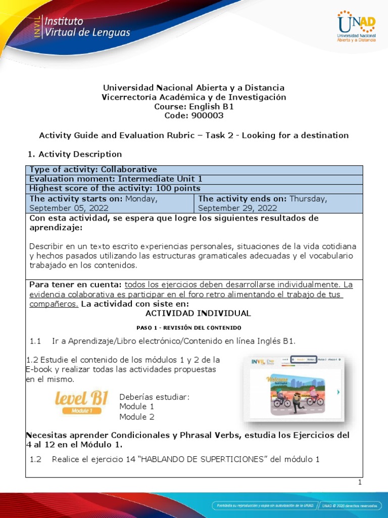 Activities Guide and Evaluation Rubric - Unit 1 - Task 2 - Looking For A Destination | PDF ...