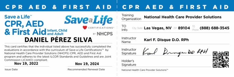 CPR Aed First Aid Certification Course Id Card | PDF