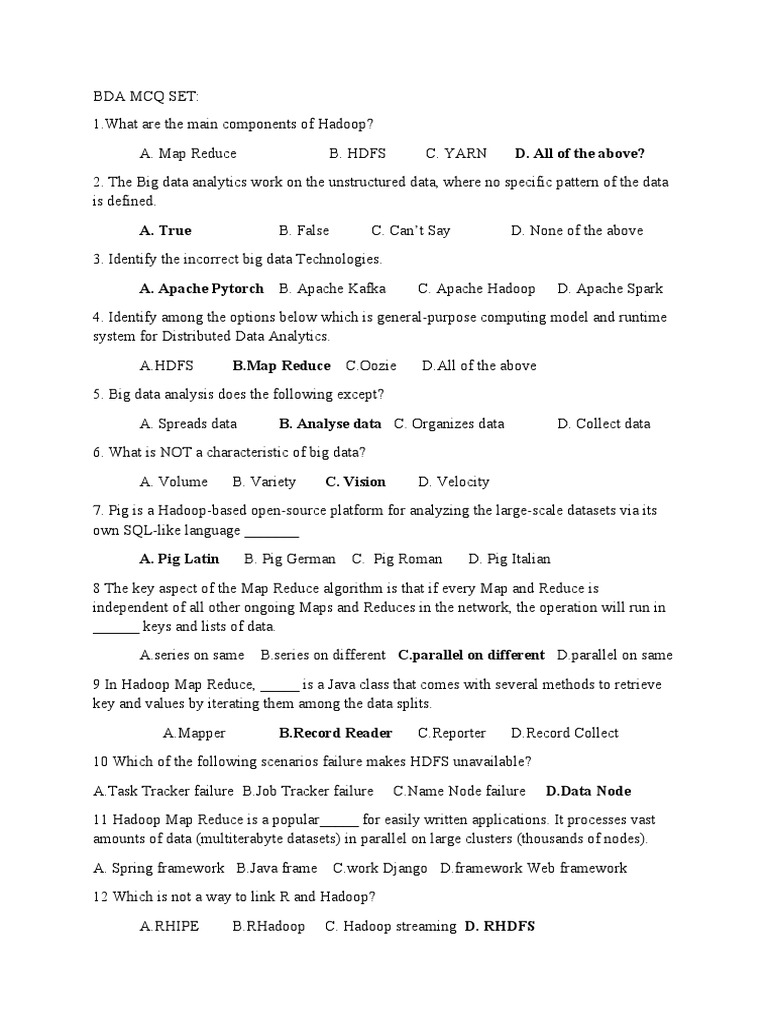 Bda MCQ Set | PDF | Machine Learning | No Sql Bda MCQ Set | PDF | Machine Learning | No Sql