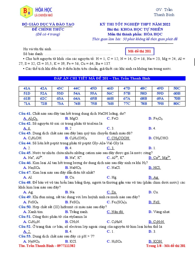de Tot Nghiep THPT Mon Hoa - Ma 201 - DA Chi Tiet - TTB | PDF