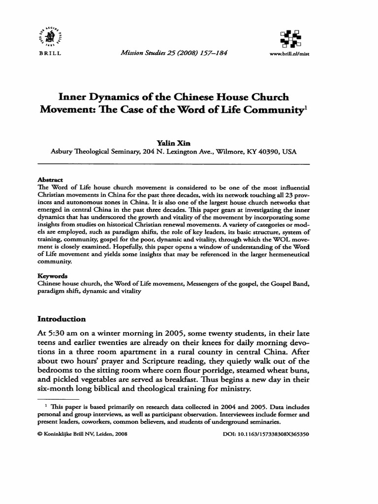 Inner Dynamics of The Chinese House Church Movement: The Case of The ...