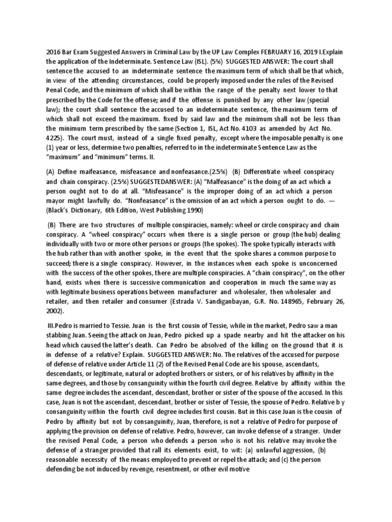 2016 Bar Exam Suggested Answers in Criminal Law by The UP Law Complex ...