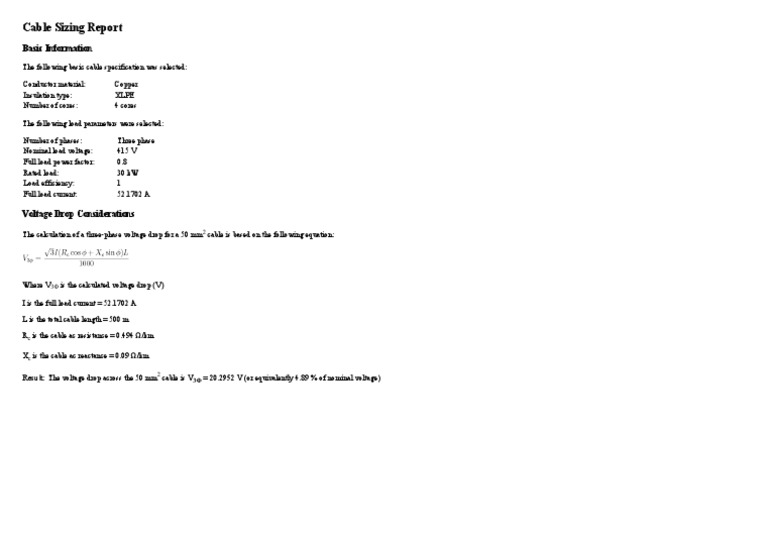 Cable Sizing Calculations 50mmsq | PDF
