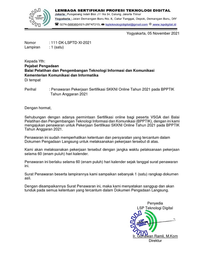 Surat Penawaran LSP Teknologi Digital (BPPTIK) 1 | PDF