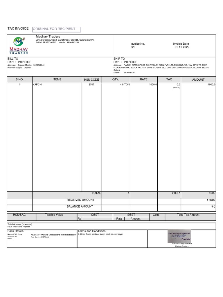 Original For Recipient: Tax Invoice Madhav Traders | PDF