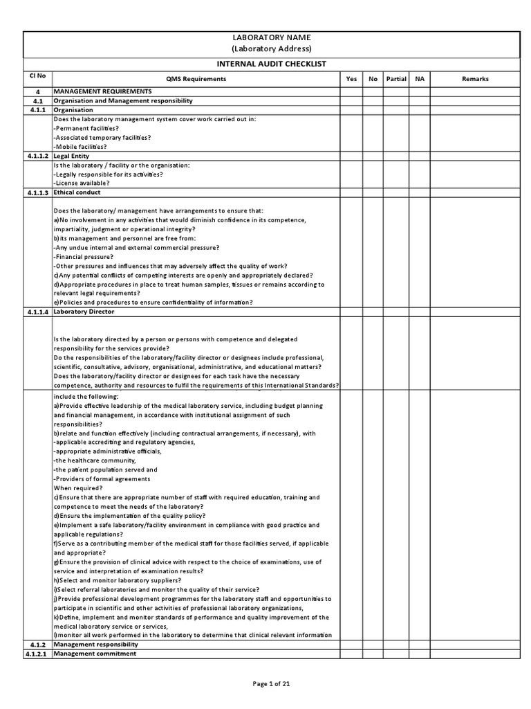 ISO 15189 Internal Audit Checklist Part 1 | PDF | Laboratories ...